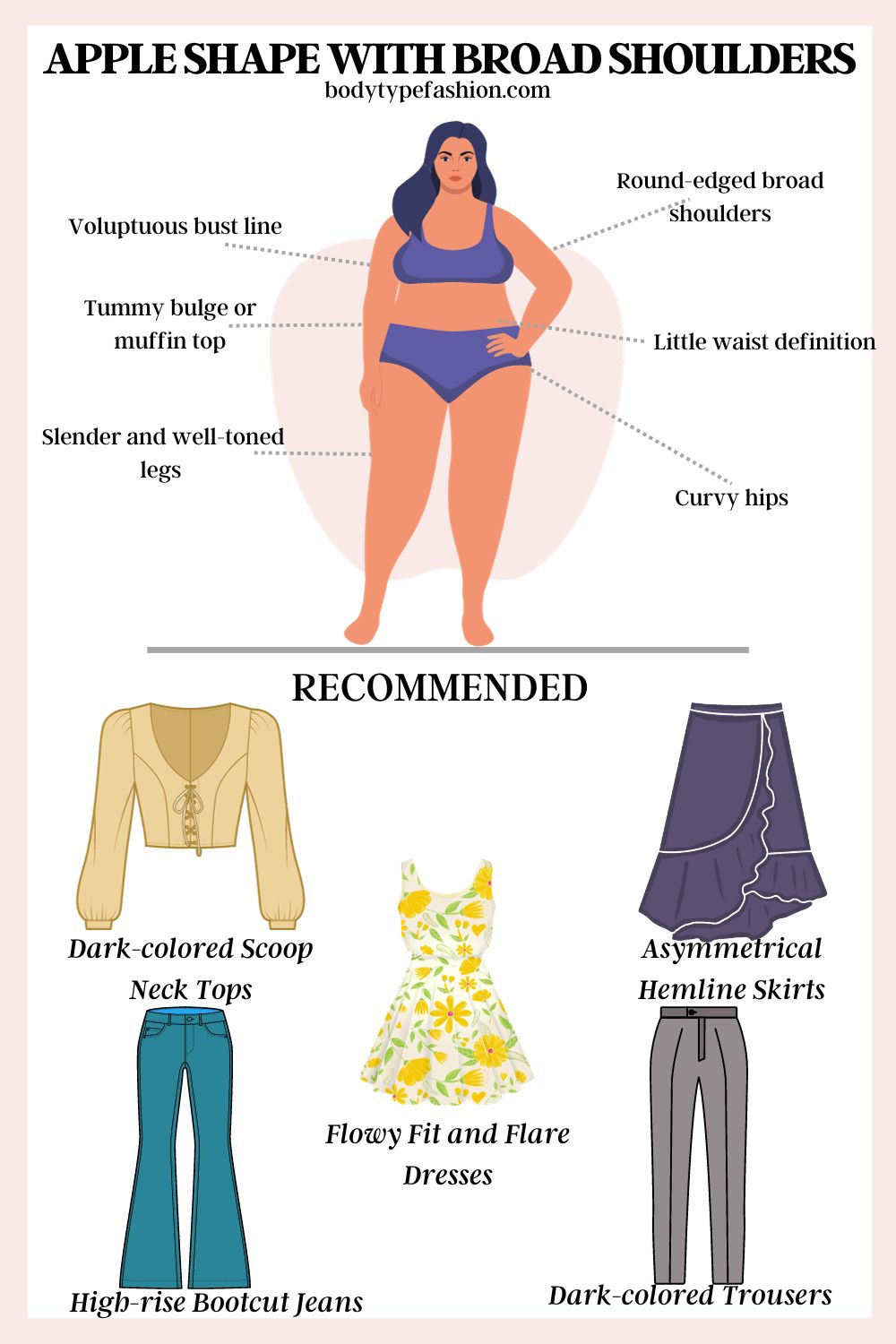 How to dress apple shape with broad shoulders - Fashion for Your Body Type
